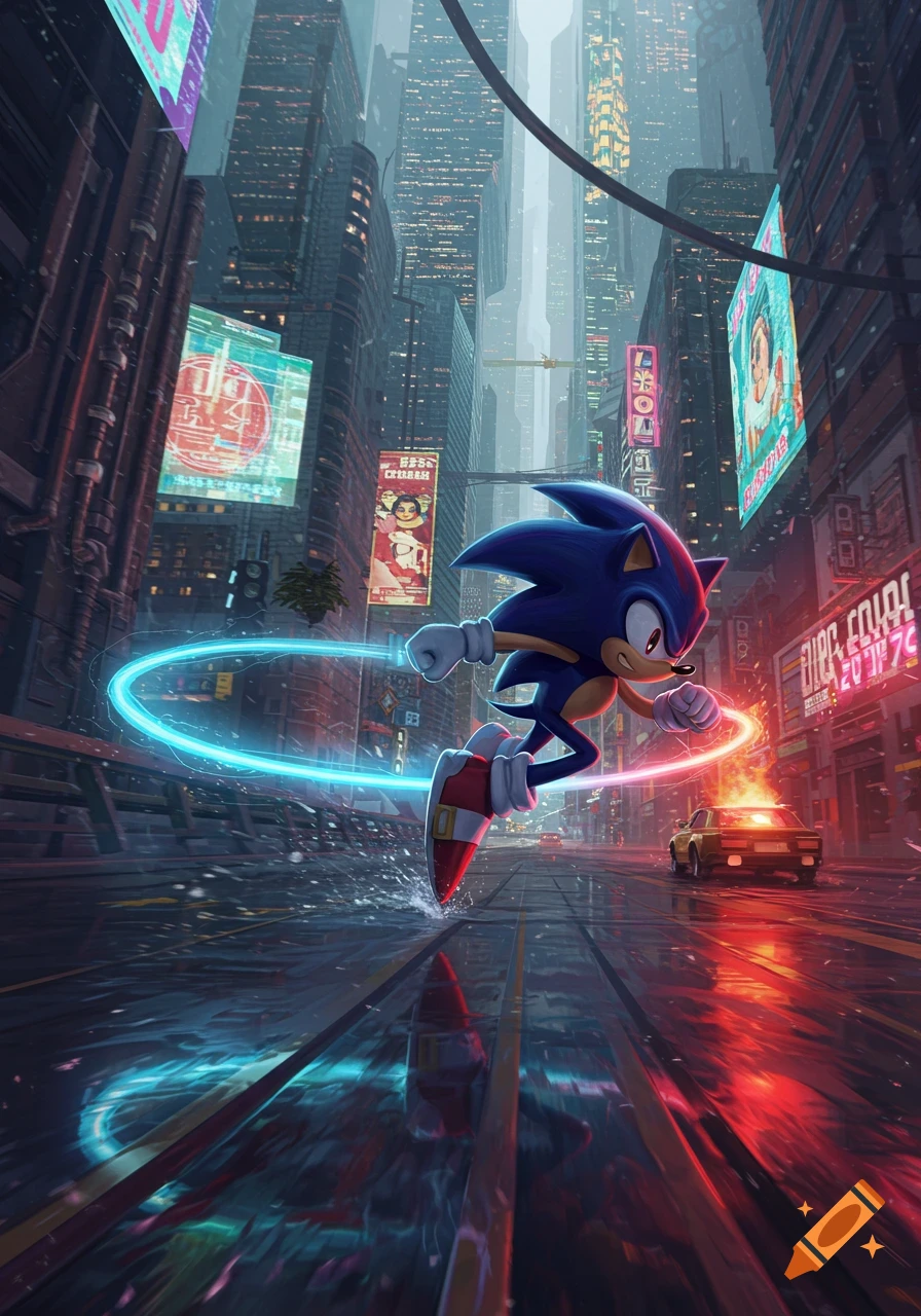 Sonic the Hedgehog and Metal Sonic face off in a neon-lit cyberpunk ...
