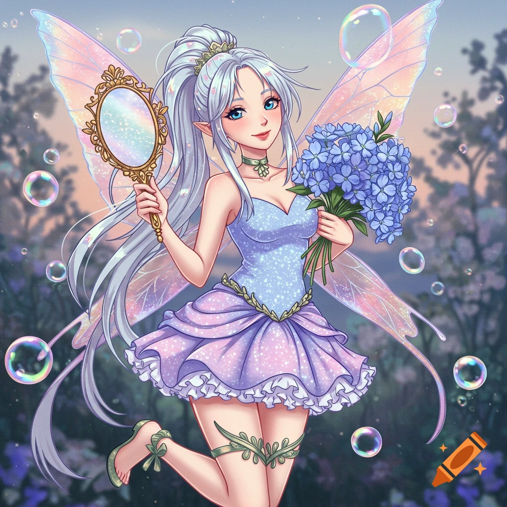 A smiling anime fairy with long white hair, holding an ornate mirror ...