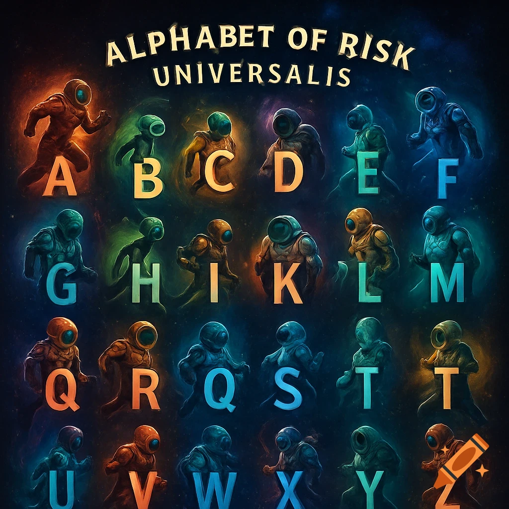 A creative alphabet illustration with glowing space-suited characters ...