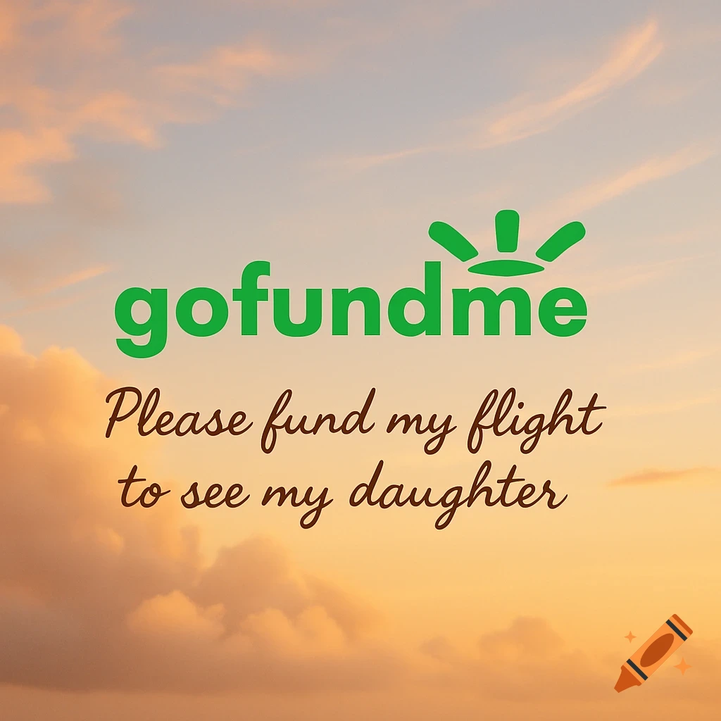 GoFundMe logo with text 'Please fund my flight to see my daughter' against a sky background. on ...