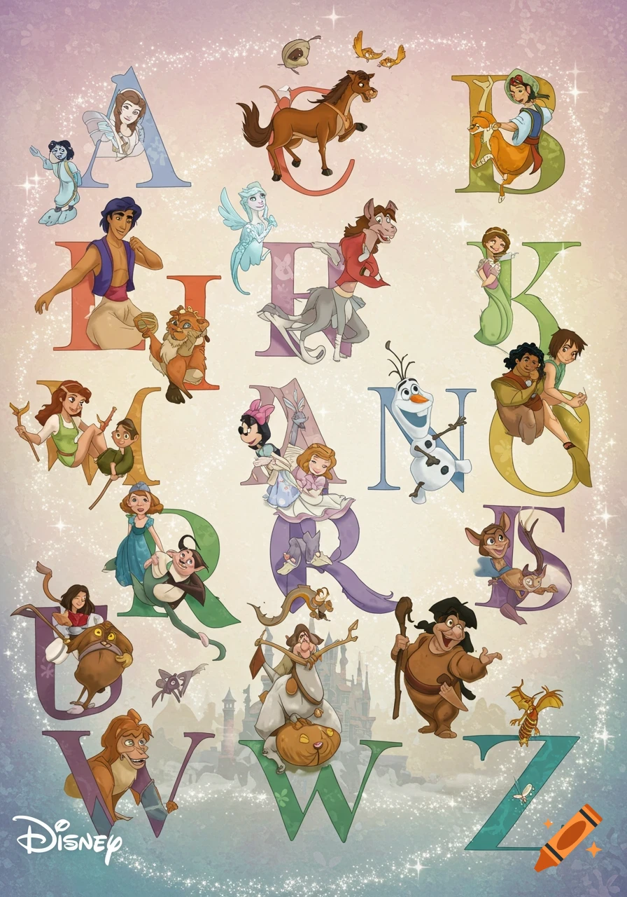 Disney character alphabet poster with various animated characters interacting with large ...
