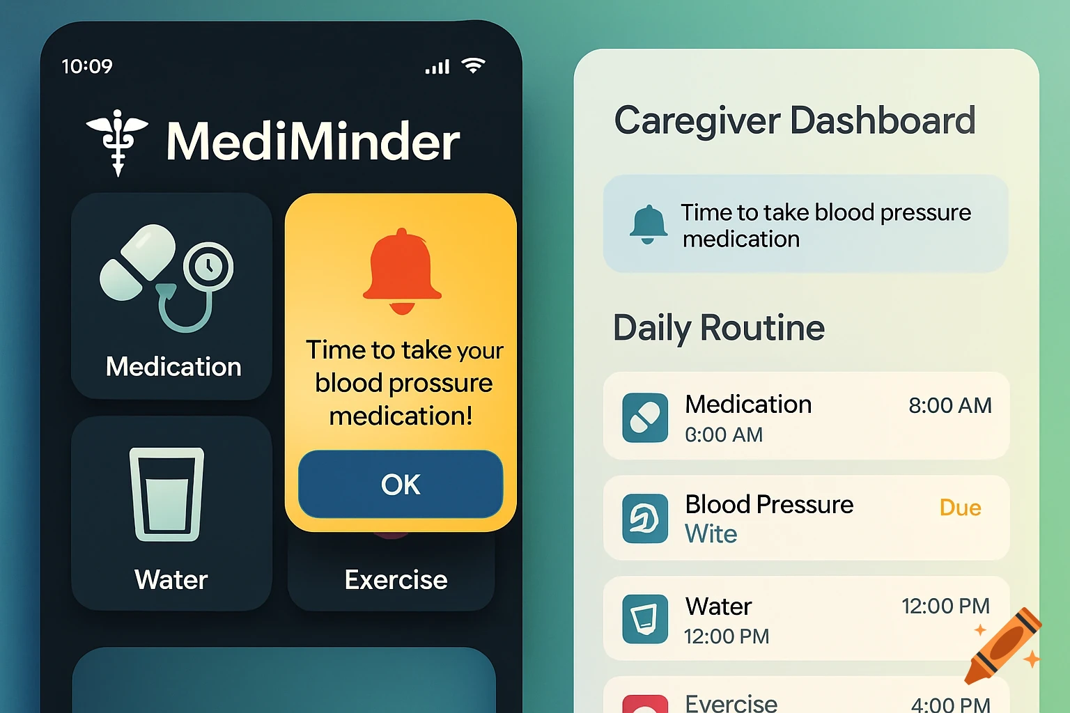 A mock-up of a mobile app called MediMinder, showing two screens. The ...