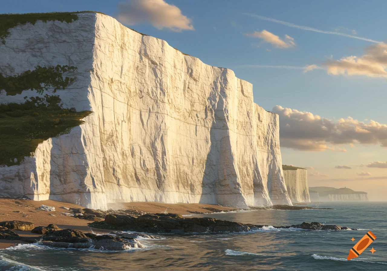 A photorealistic landscape of towering white cliffs overlooking a beach ...