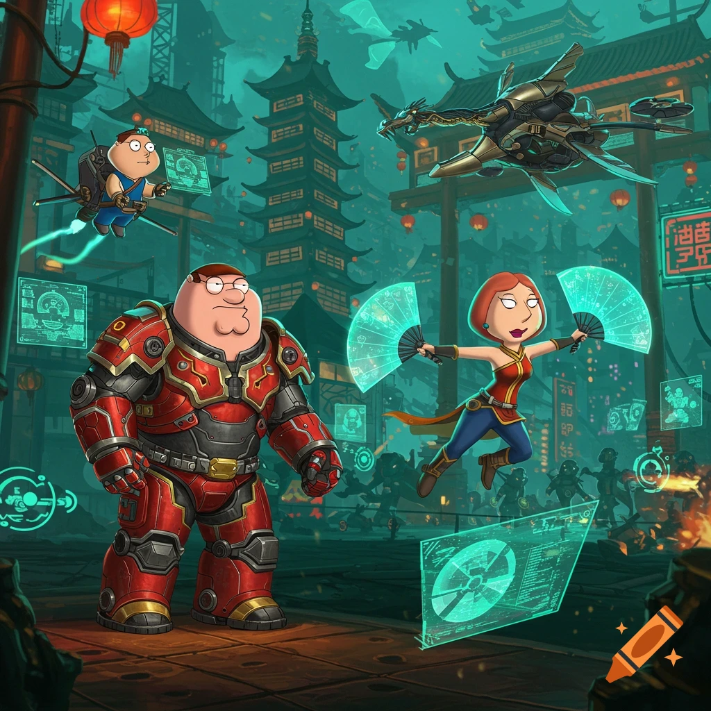 Peter Griffin in red power armor, Lois with glowing fans, and Stewie ...