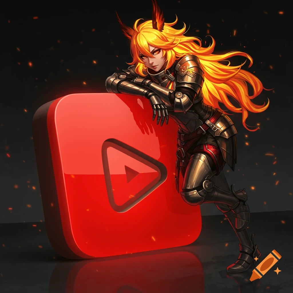 An anime-style character with fiery orange hair and armor leans on a ...