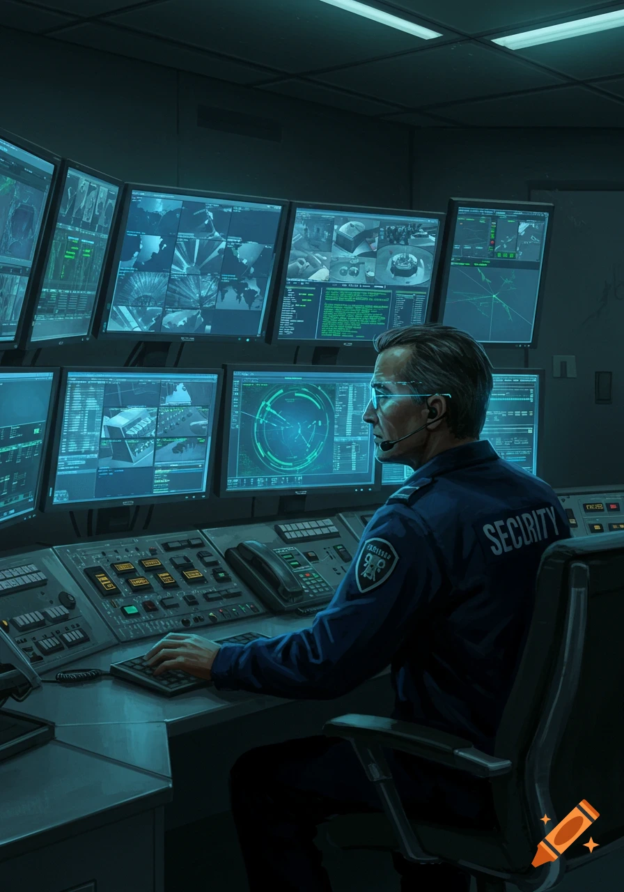A security guard sits at a desk in a dark control room, monitoring multiple screens displaying ...