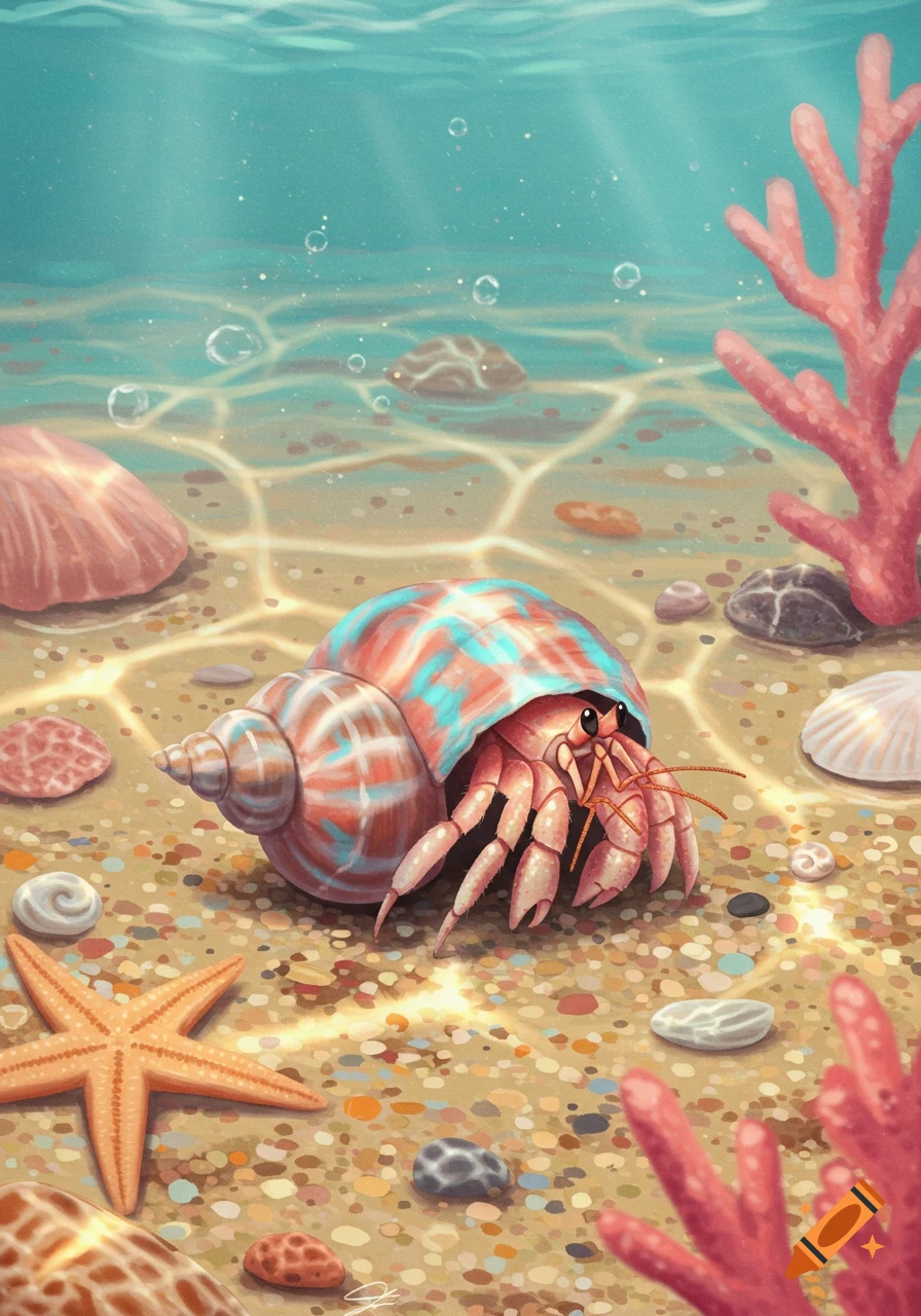 Create a figure of a crab with a roll of salmon on its shell, manga style on Craiyon