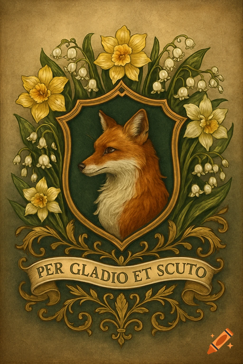 A medieval-style coat of arms featuring three corgis arranged around a ...