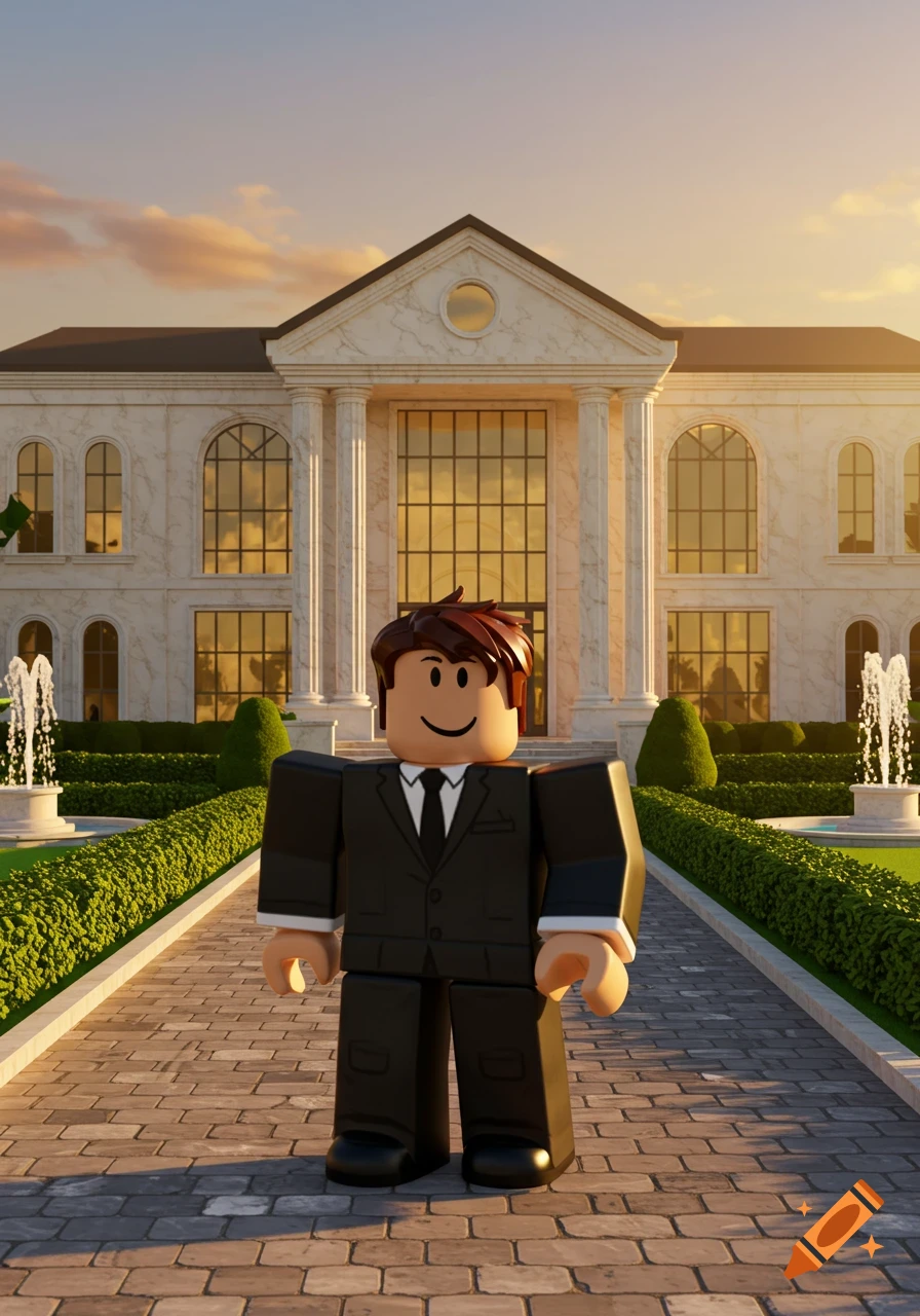 A 3D rendered Roblox character in a suit stands on a paved path in ...