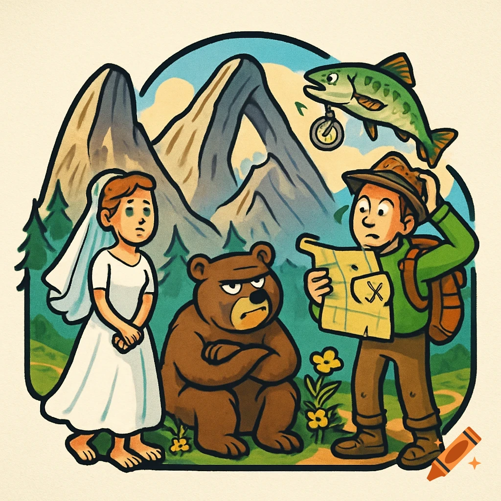 A cartoon illustration of a confused treasure hunter looking at a map ...