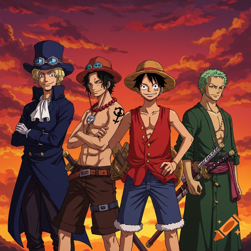 Four male anime characters (Sabo, Ace, Luffy, Zoro from One Piece ...