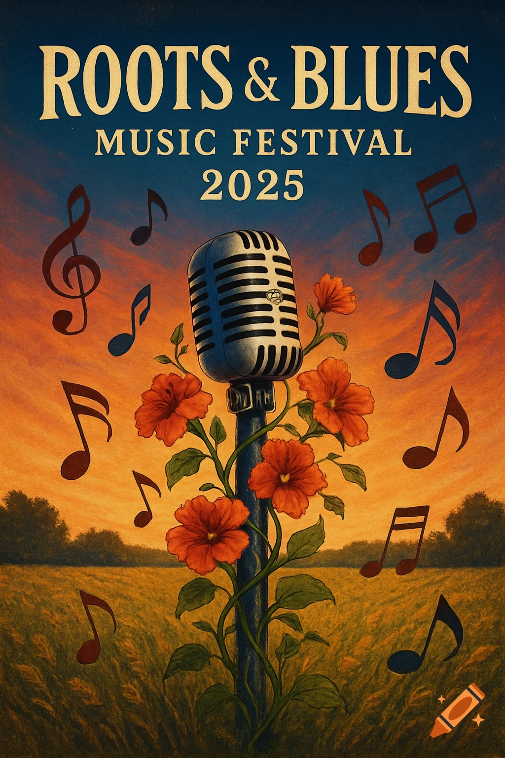 A vintage-style poster for Roots & Blues Music Festival 2025, featuring ...