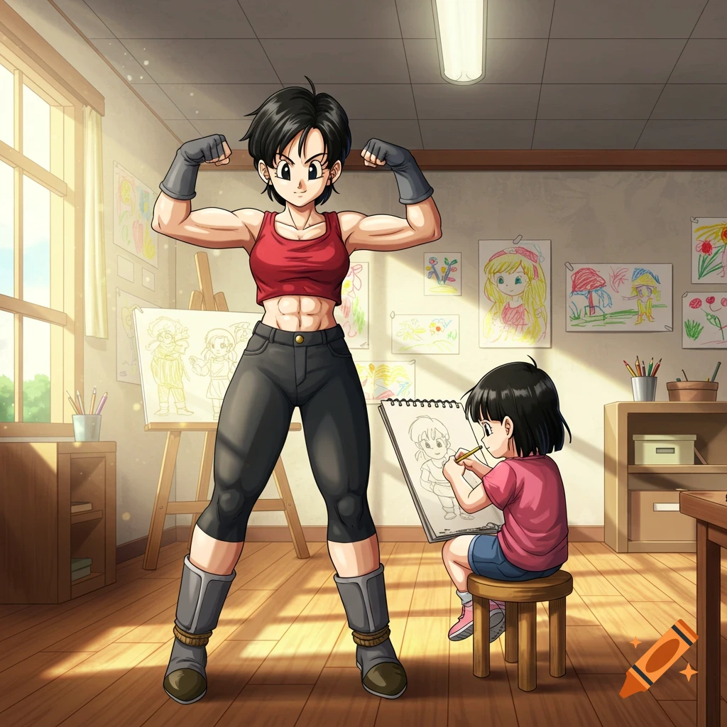 Anime style Videl flexing her muscles in an art class while her ...