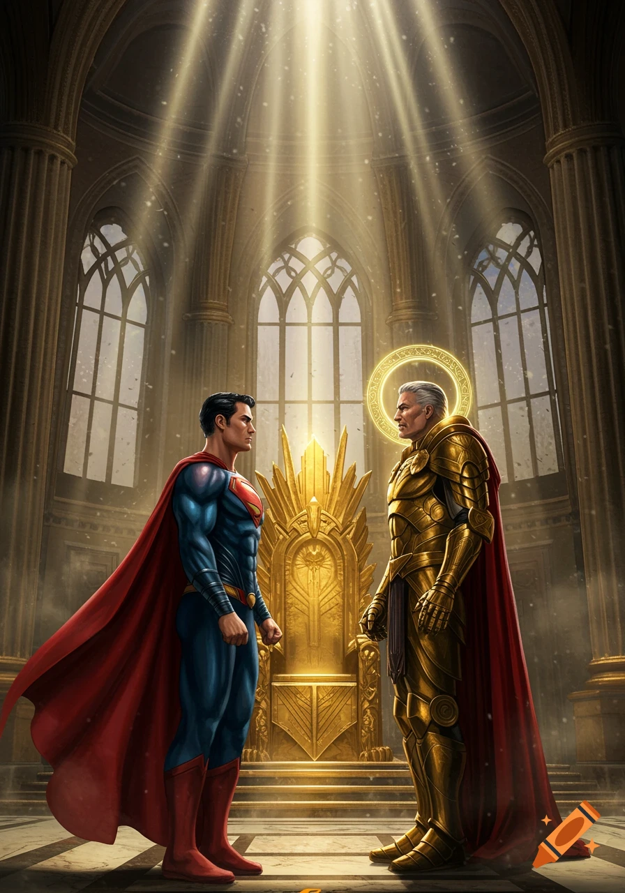 Superman stands facing the Emperor of Mankind in golden armor inside a ...