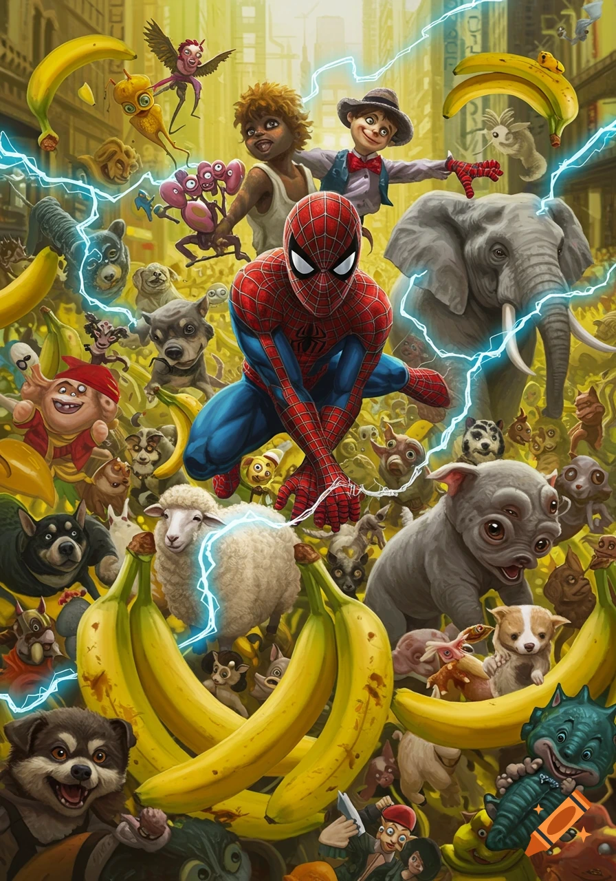 A vibrant, chaotic illustration featuring Spider-Man amidst a crowd of ...