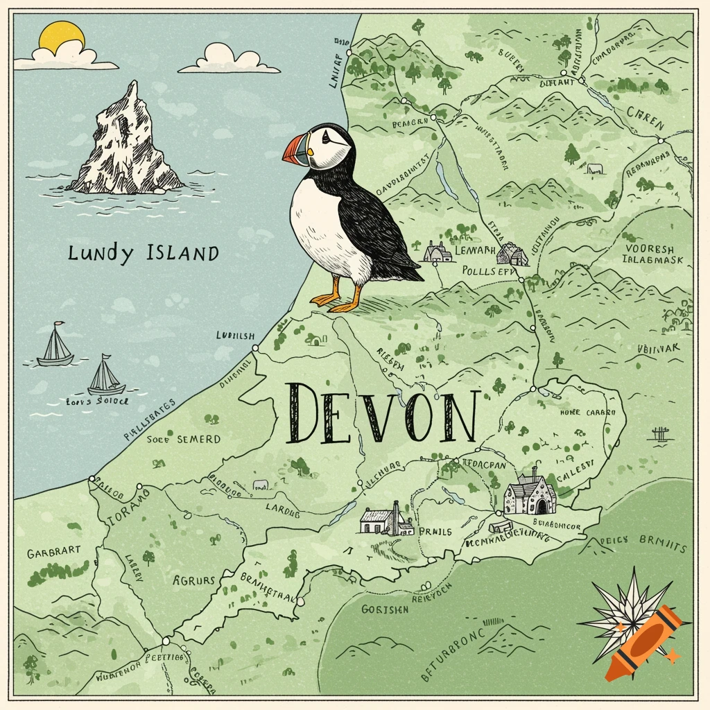 A hand-drawn cartoon map of Devon and Lundy Island, featuring a large ...