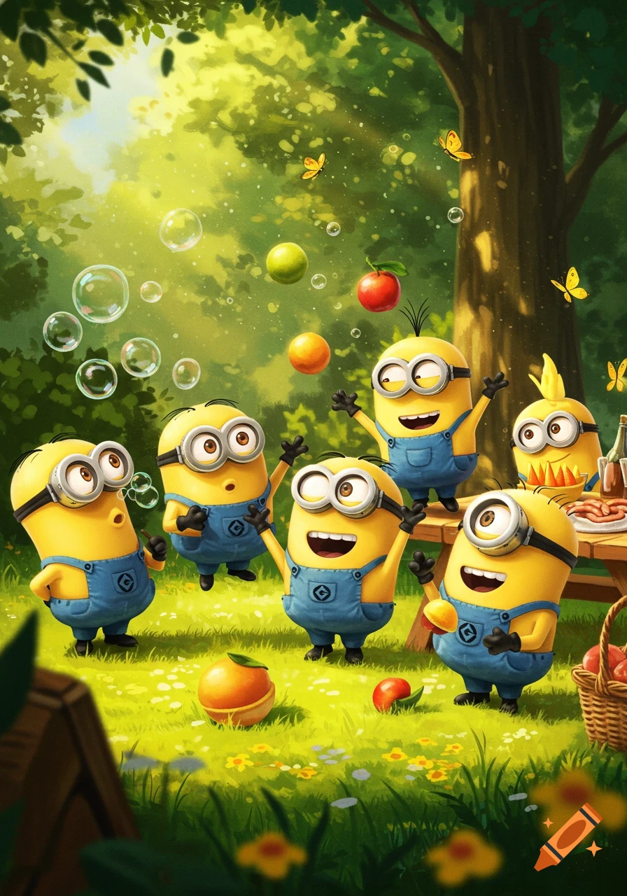 A Minion in a yellow dress rides a glowing hoverboard down a neon-lit ...