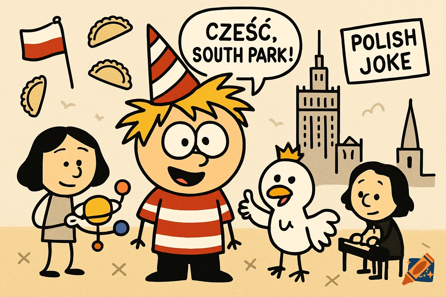 A cartoon in South Park style depicts Polish characters, a flag ...
