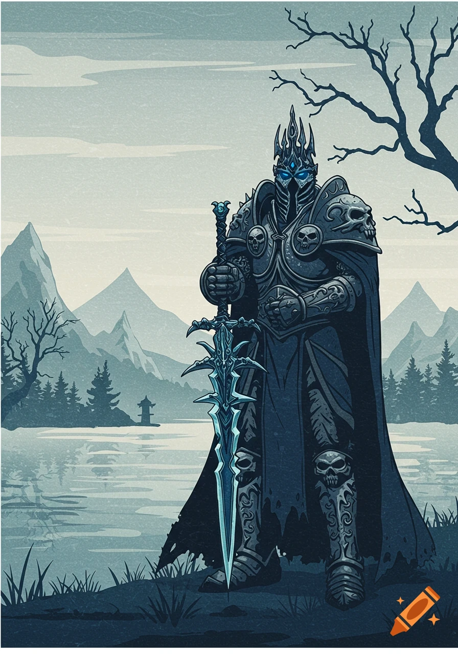 Arthas Menethil, the Lich King, stands with Frostmourne in a stylized ukiyo-e landscape with ...