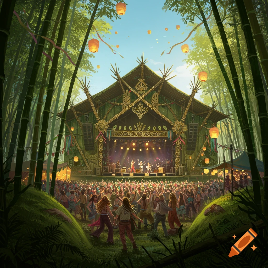 A lively music festival in a bamboo forest, with a crowd of people in ...