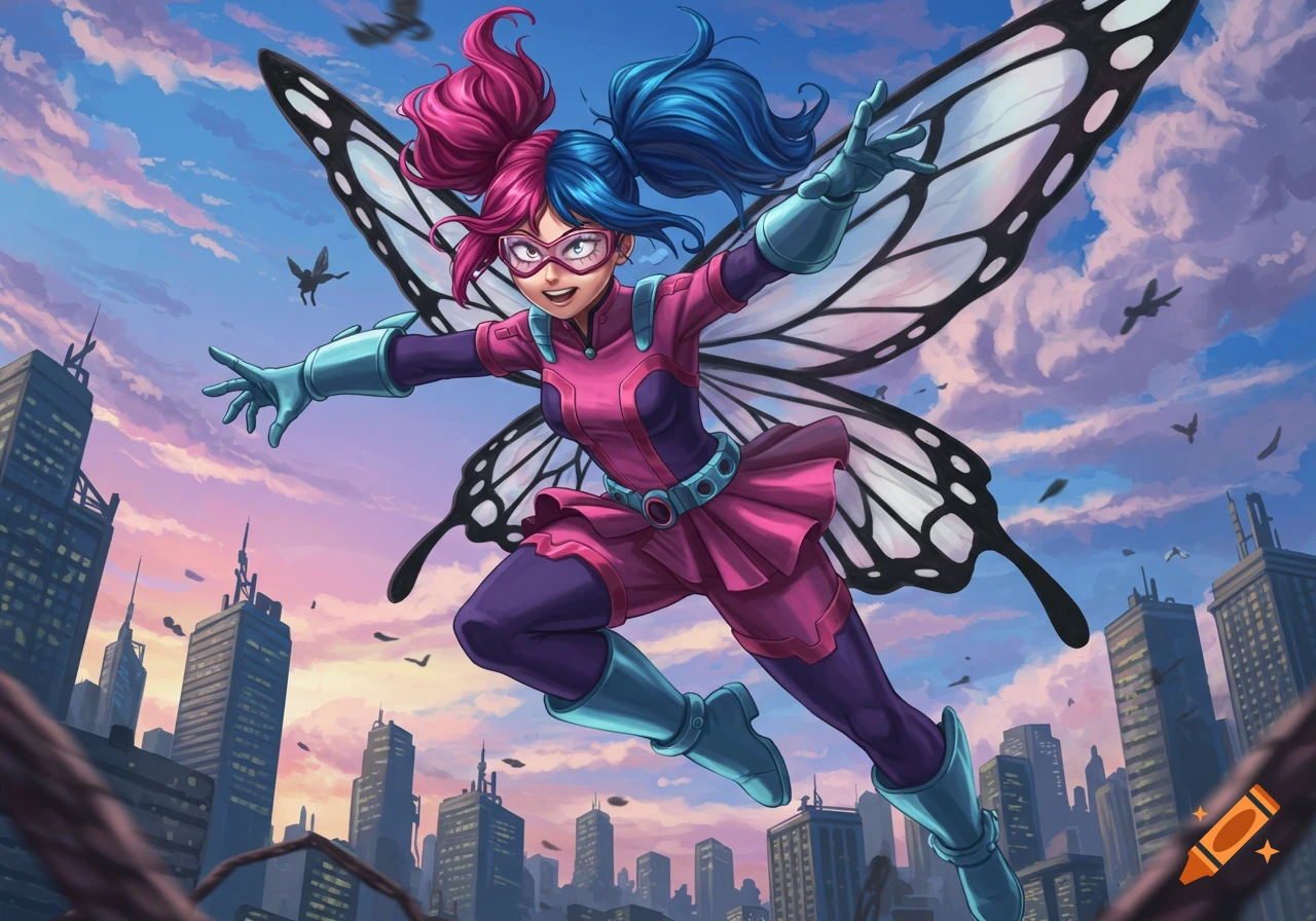 A muscular superhero with large, iridescent butterfly wings flies over ...