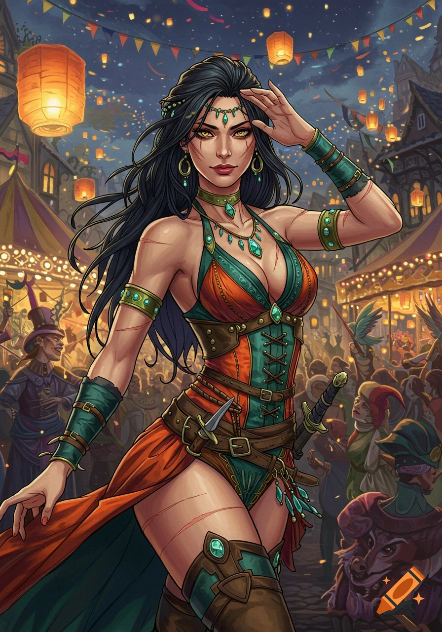 Illustrated woman with dark hair, scars, and colorful fantasy outfit at a vibrant night carnival ...