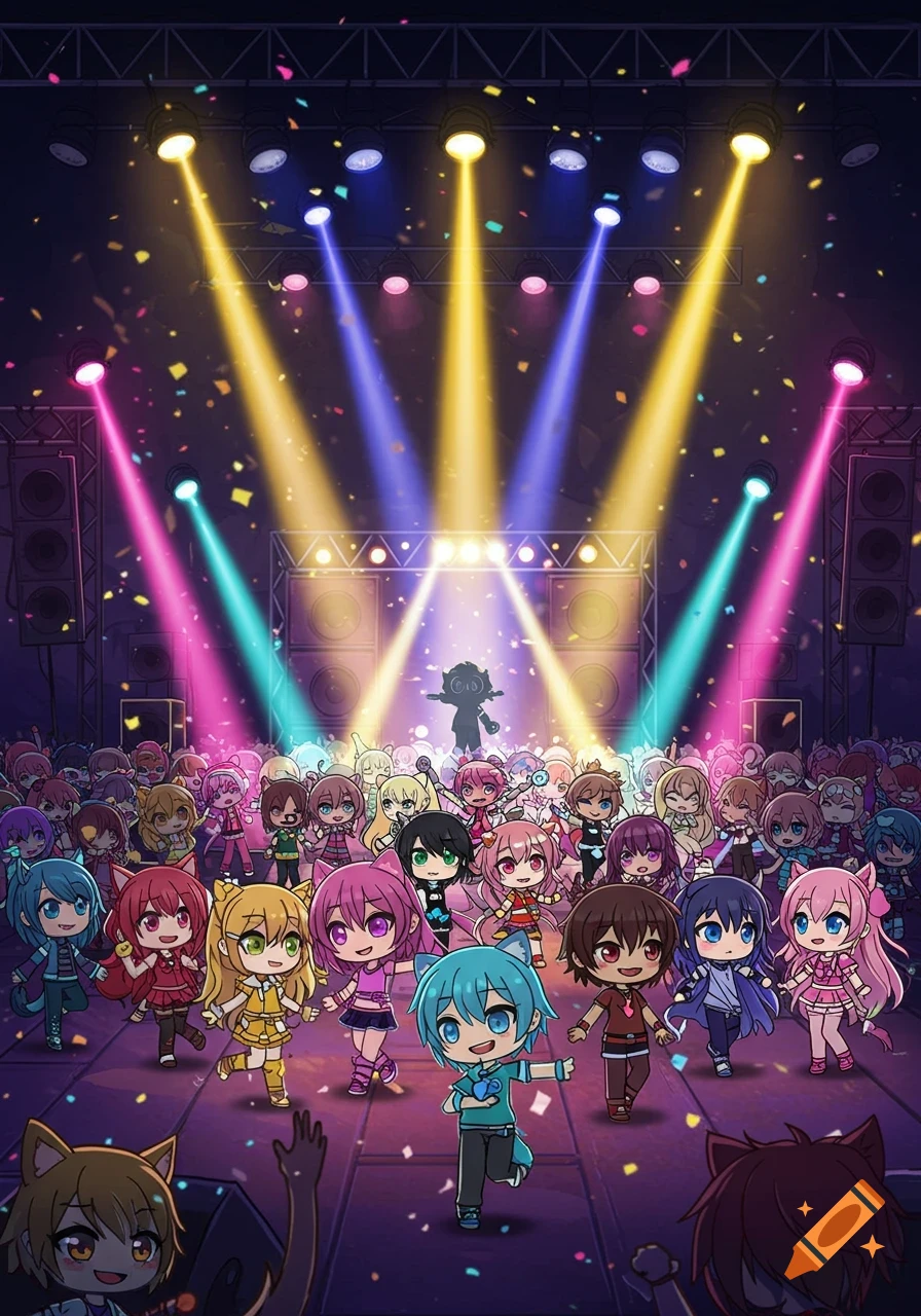 Anime-style characters performing on a stage with bright spotlights and ...