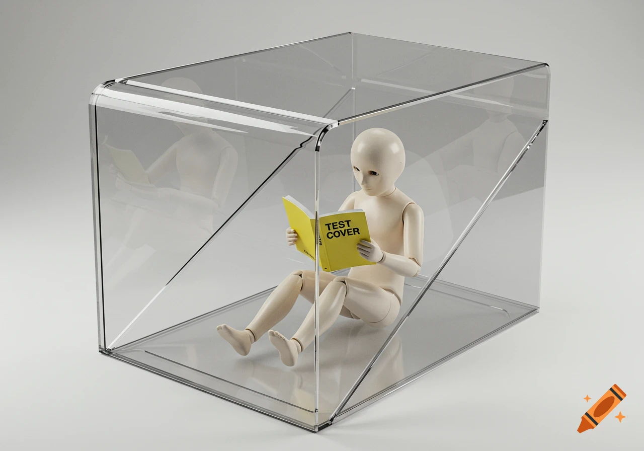 A beige doll sits inside a clear, geometrically shaped plastic box ...