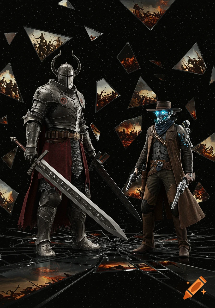 Headless medieval knight in full armor sits exhausted on stone steps ...