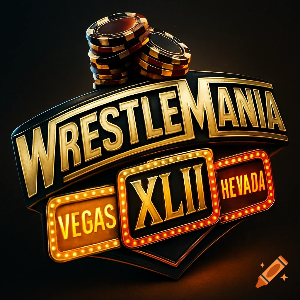 A golden Wrestlemania logo with poker chips, and three illuminated ...