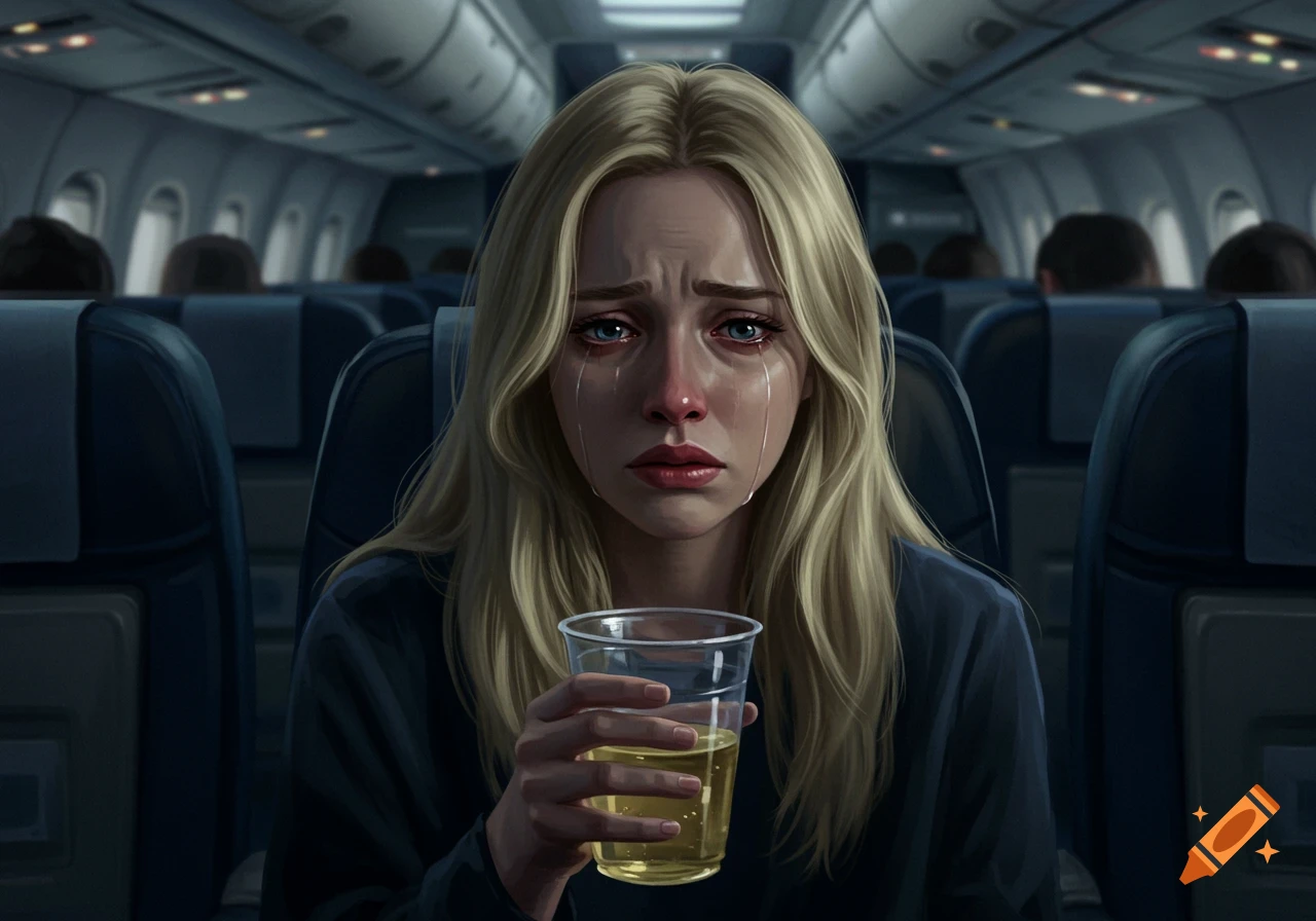 A sad blonde woman crying on an airplane, holding a plastic cup with a ...