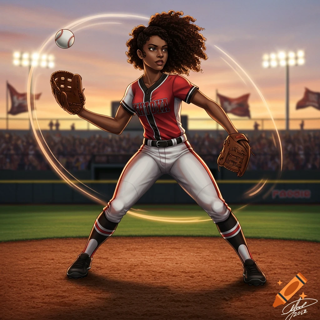 Cartoon of an Afro-American female baseball player in uniform on a ...