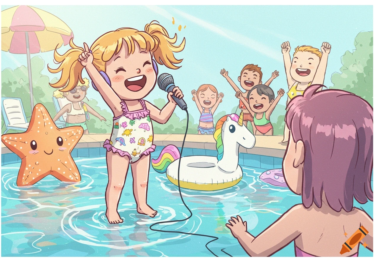 A cartoon mother and two children flex their biceps on a sandy beach ...