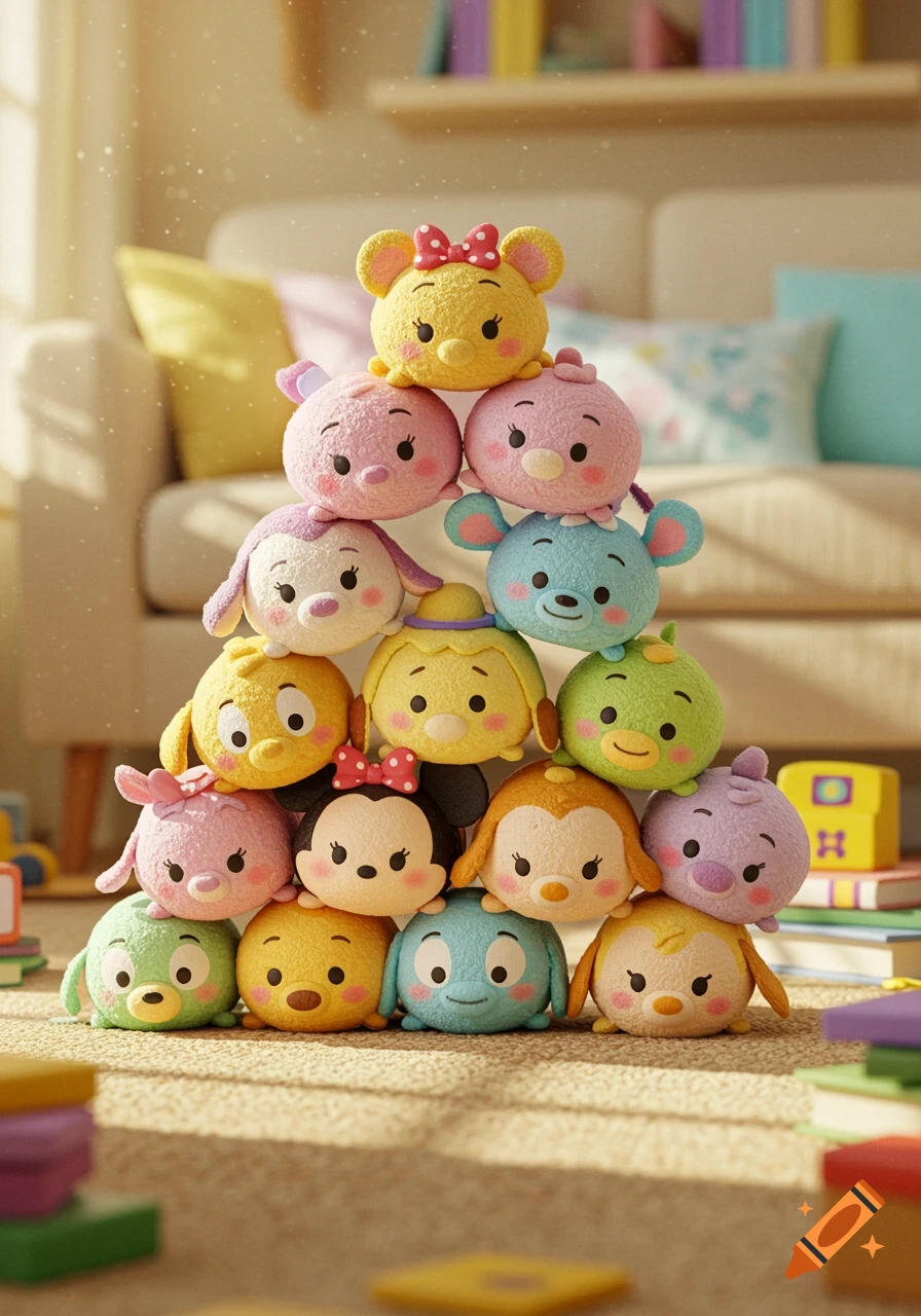 A pyramid stack of colorful Disney Tsum Tsum plush toys on a carpet in ...