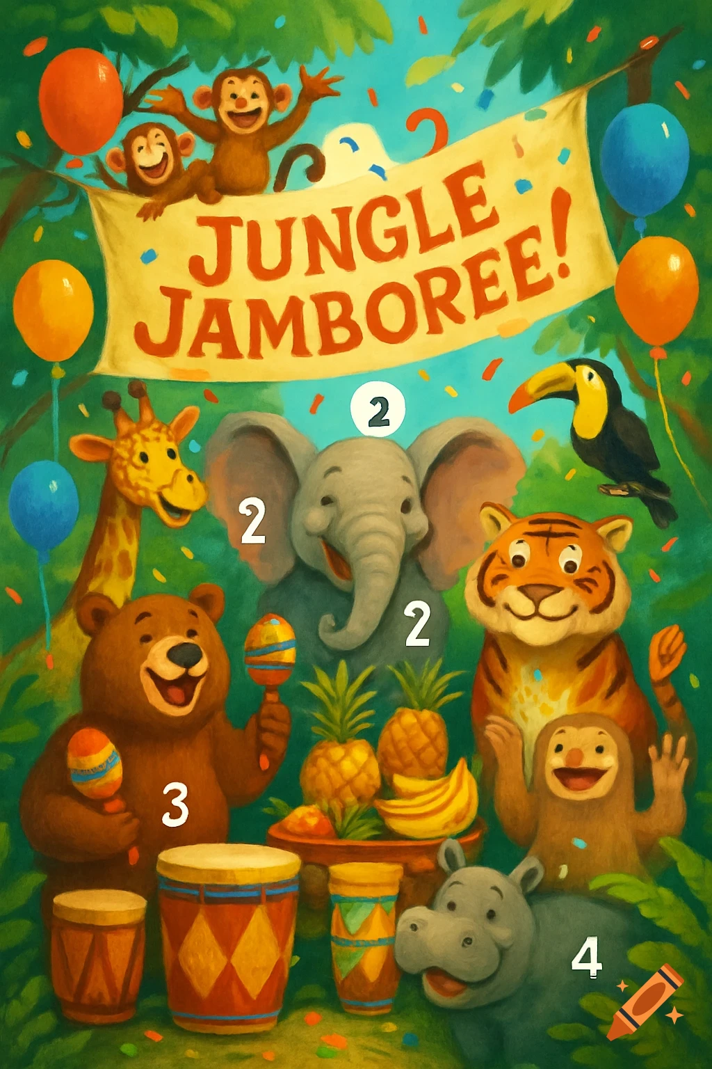 Colorful jungle illustration of a festive animal party with monkeys ...