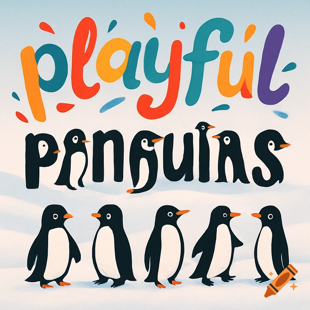 Colorful, playful lettering for 'playful penguins' above a row of ...