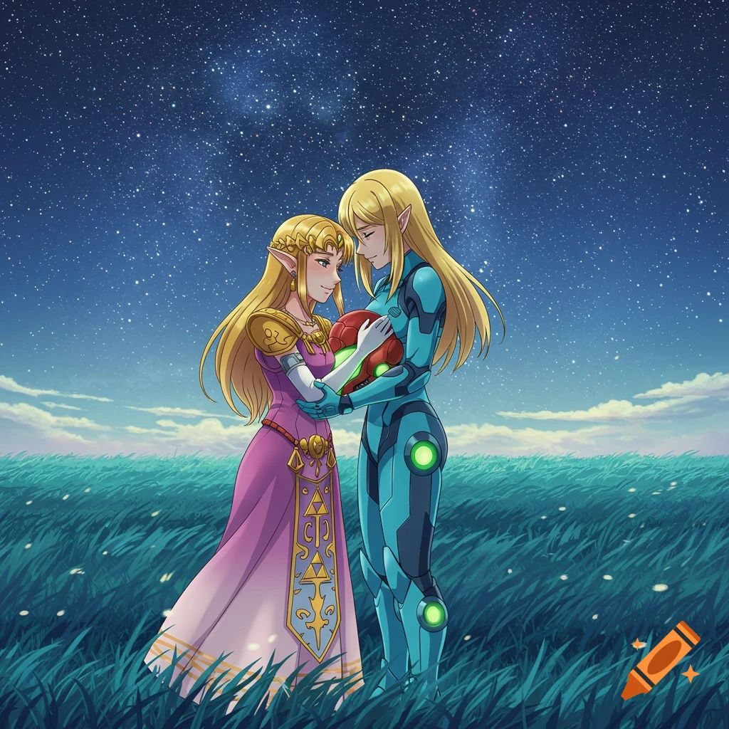 Anime drawing of Princess Zelda and Samus Aran embracing in a starry ...