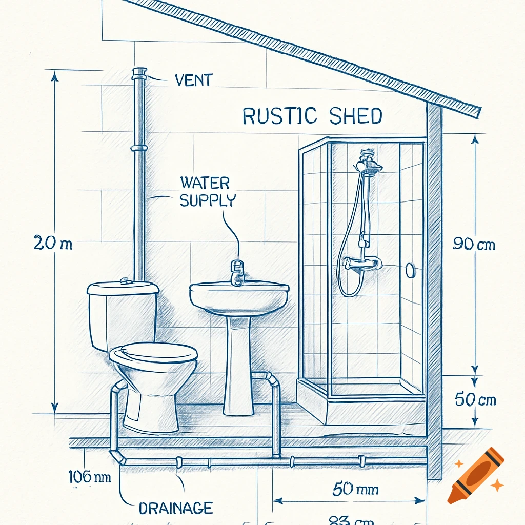 Blue line sketch of a rustic shed bathroom plumbing diagram, showing ...