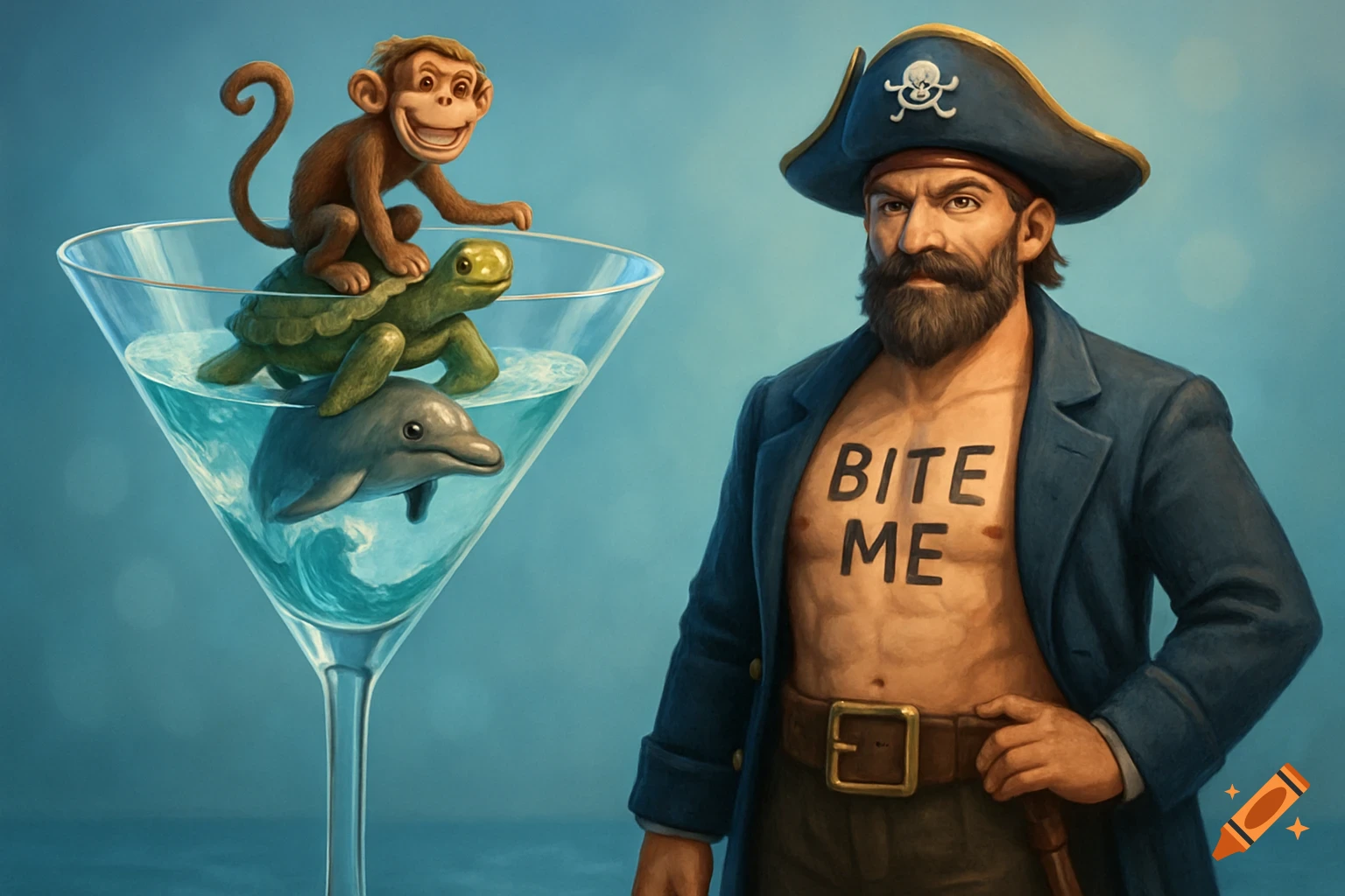 A cartoon pirate with a "BITE ME" tattoo on his chest stands next to a ...