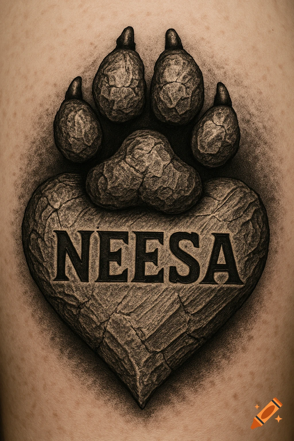 A detailed sepia-toned tattoo design of a rugged dog paw print atop a ...