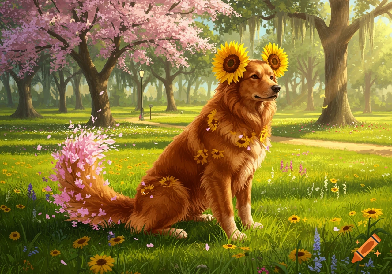 A golden retriever with sunflowers on its head and cherry blossoms on ...