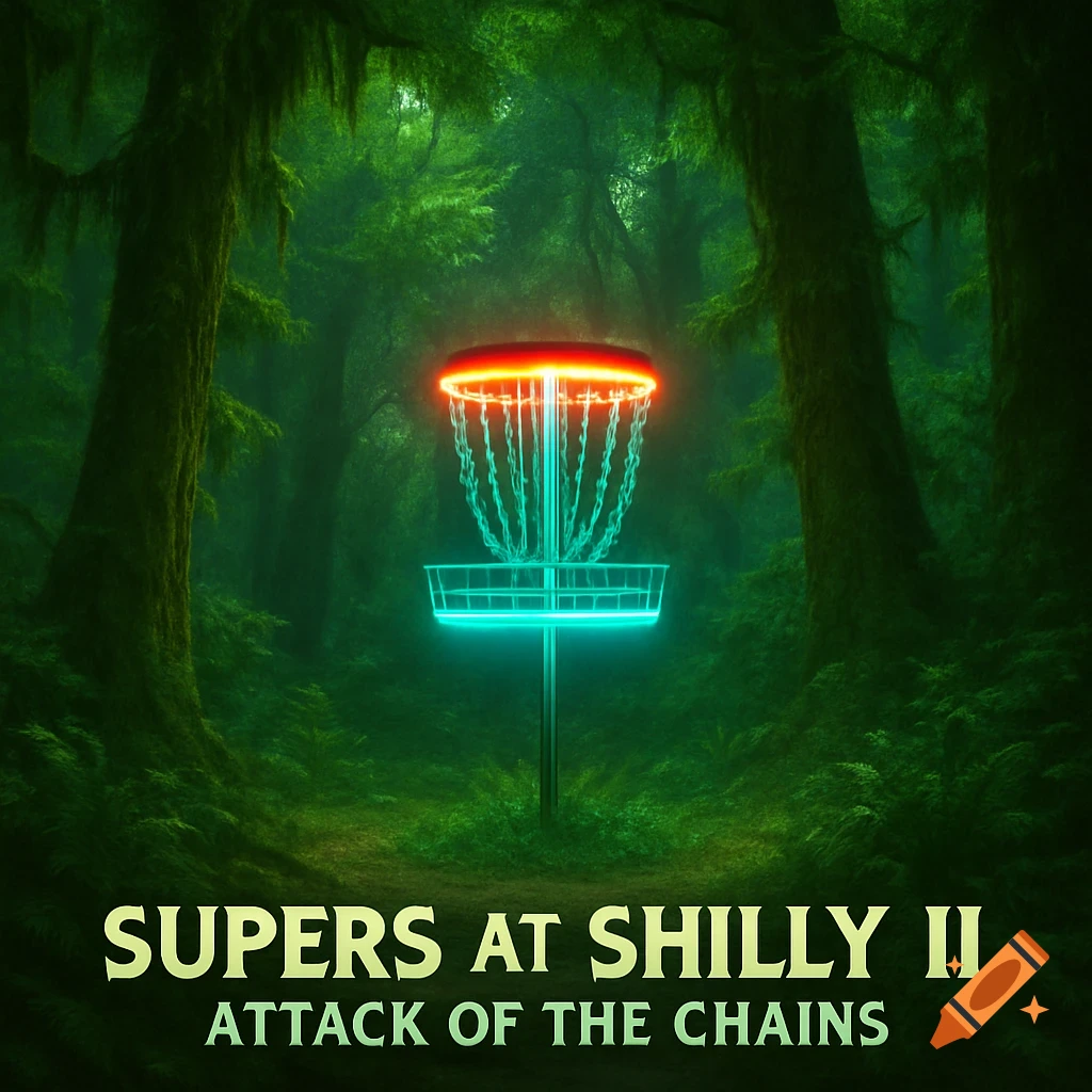 A glowing neon disc golf basket in a lush, mystical Endor-like forest ...