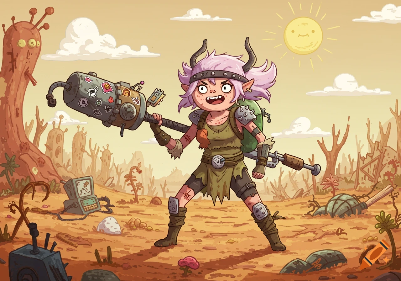 A cartoon raider girl with pink hair and horns stands holding a large ...