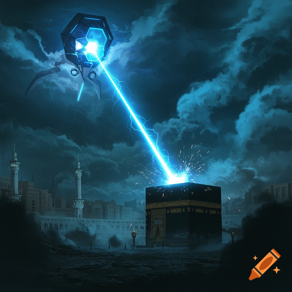 A geometric drone shoots a glowing blue laser at the Kaaba cube ...
