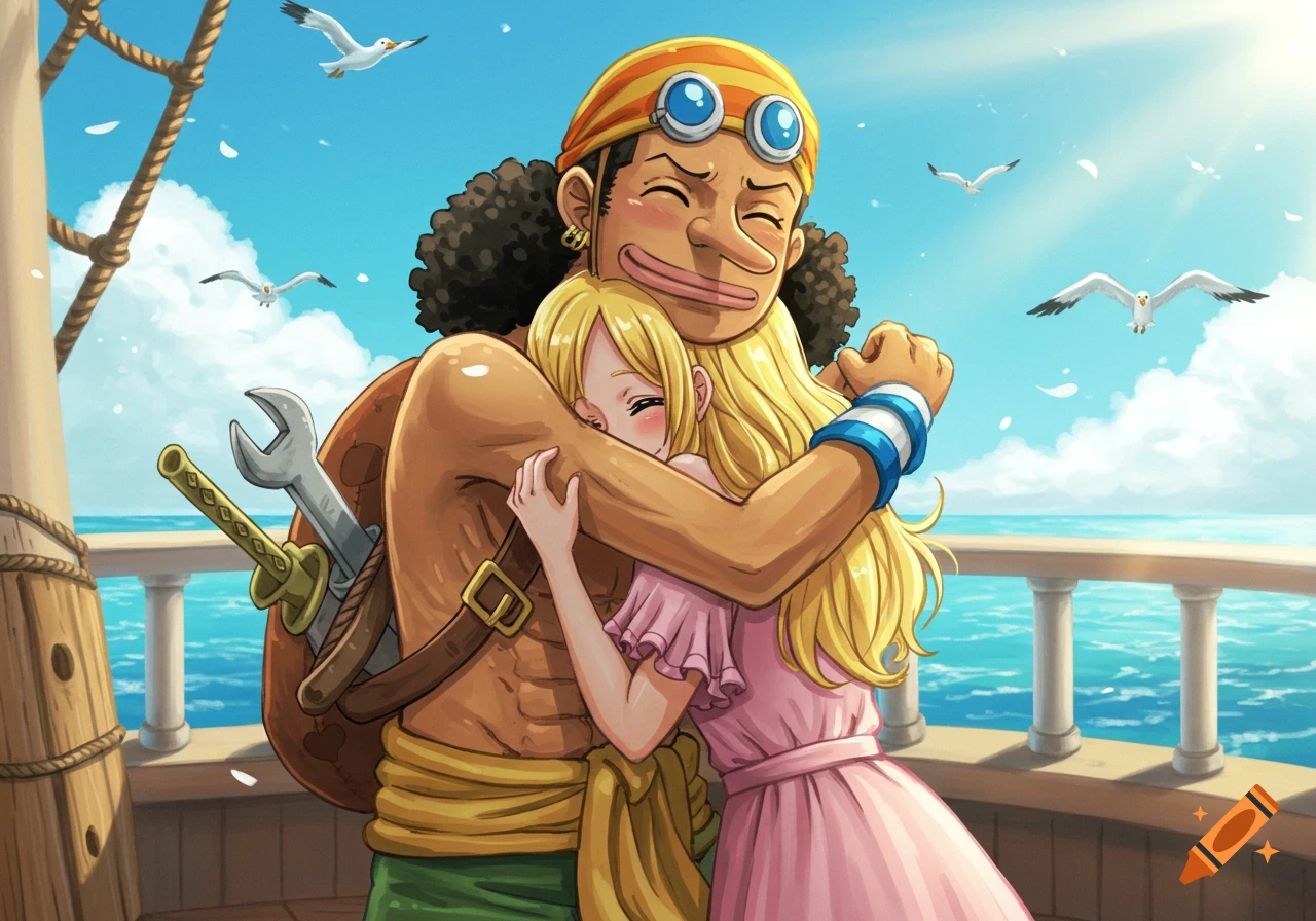 Anime illustration of Usopp from One Piece hugging a blonde girl on a ...