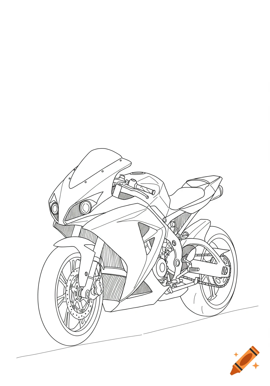 Black and white line art drawing of a skeletal robot with red eyes riding a fast motorcycle ...