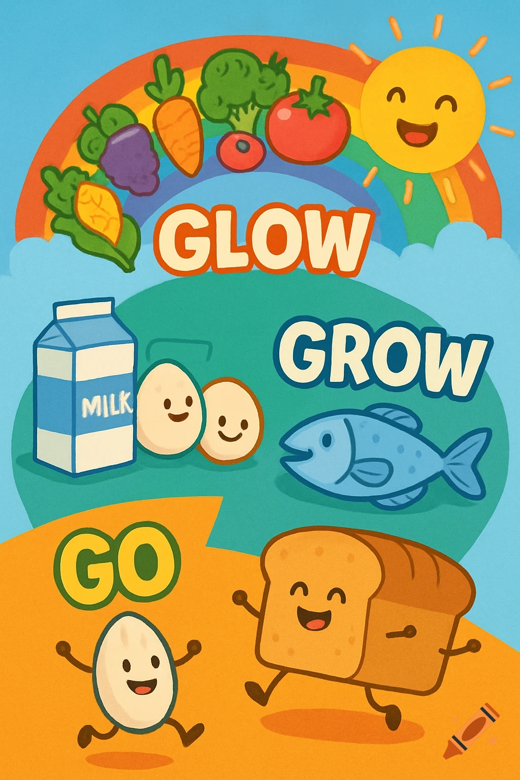 Colorful cartoon poster with a smiling sun, rainbow, and various smiling food characters ...