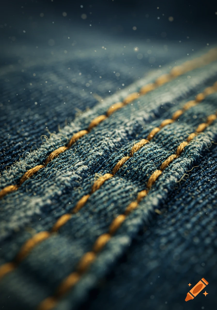A square of blue denim fabric with white stitching and frayed edges ...