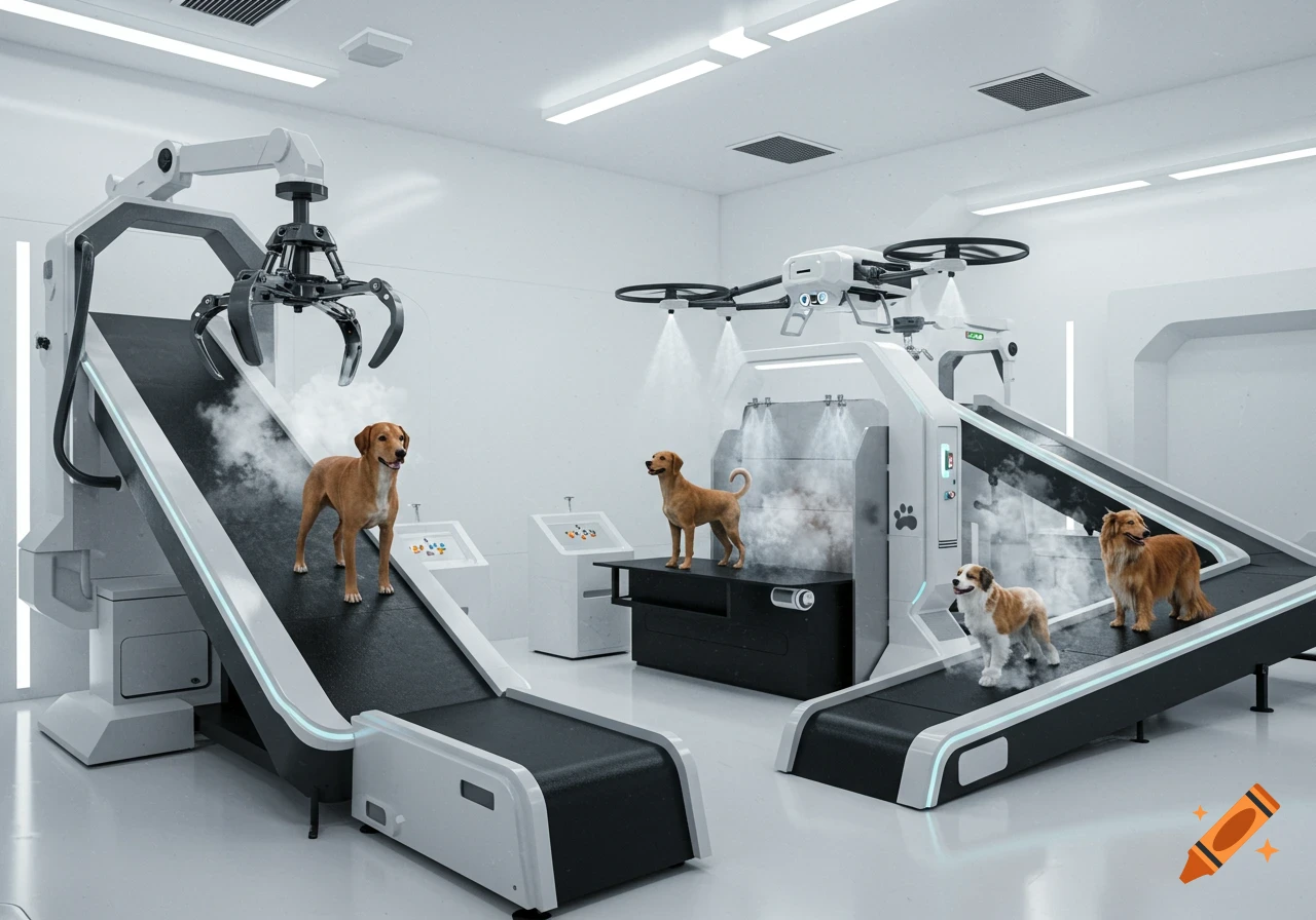 Several dogs in a futuristic, sterile white room with robotic grooming ...