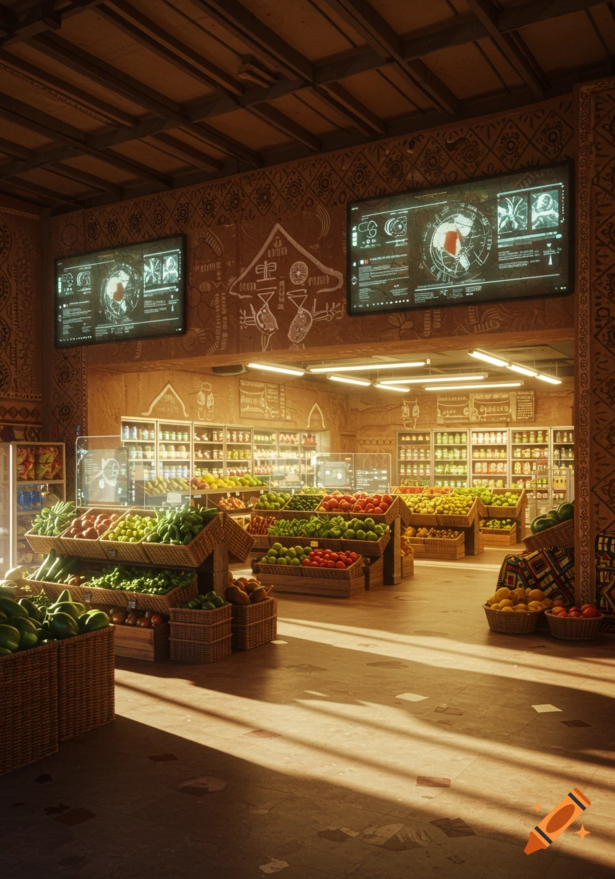 A futuristic West African supermarket with digital displays, geometric ...